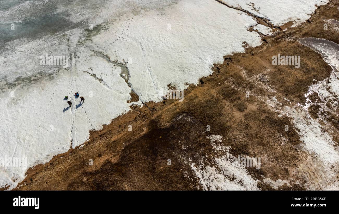 Aerial of fisherman walking on lake Tengiz, Korgalzhyn Nature Reserve ...