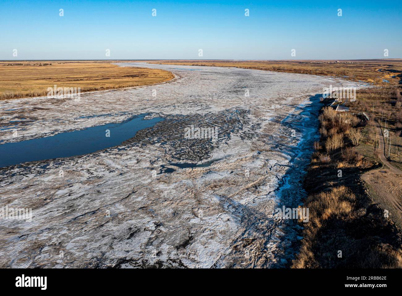 Aerial of Irtysh river, Kurchatov, fomer headquarter of the ...