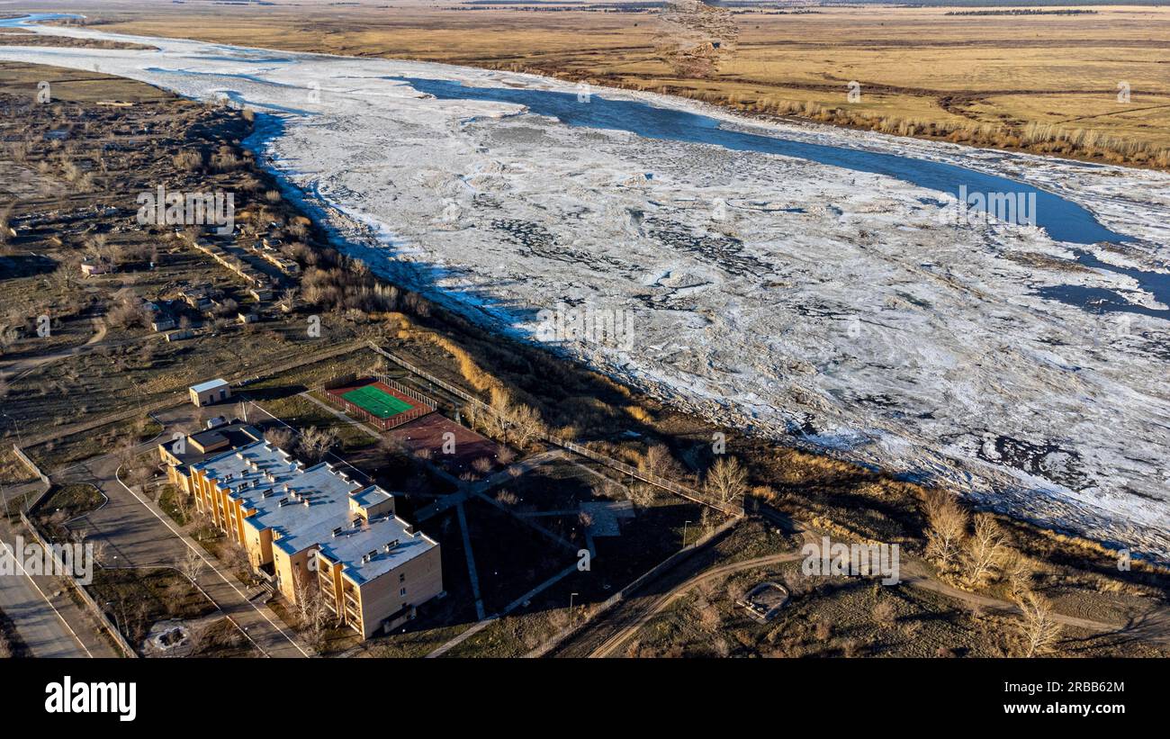 Aerial of Irtysh river, Kurchatov, fomer headquarter of the ...