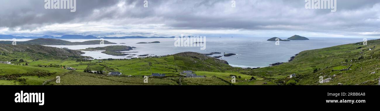 View, panorama of Skellig Islands from Ring of Skellig, Kerry, Ireland ...