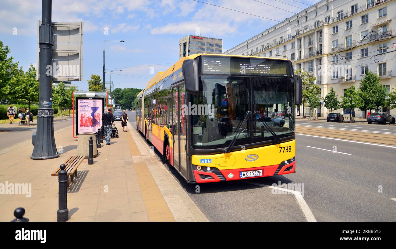 Warsaw, Poland. 5 July 2023. Modern bus stopped on a bus stop Stock ...
