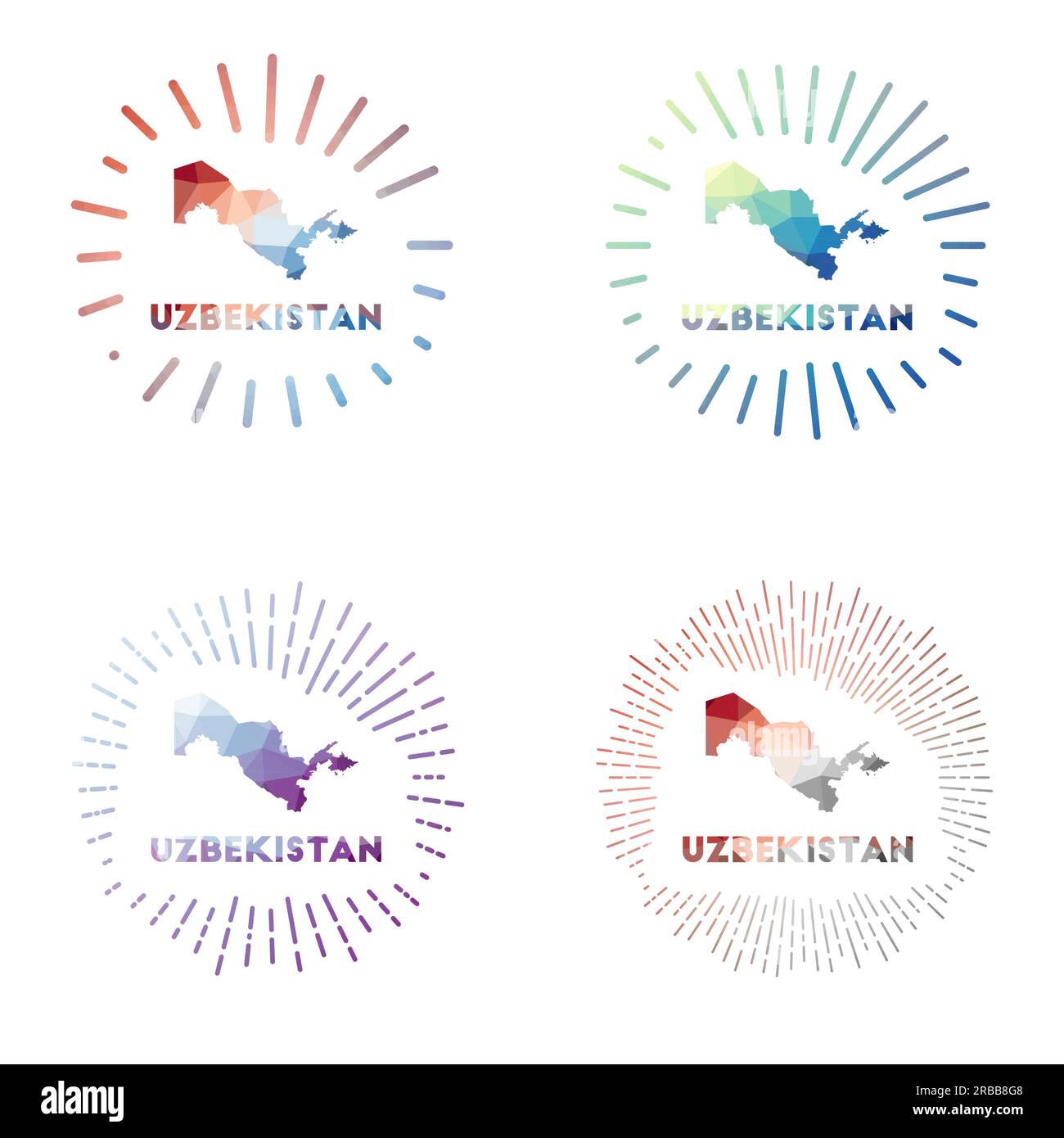 Uzbekistan low poly sunburst set. Logo of country in geometric ...