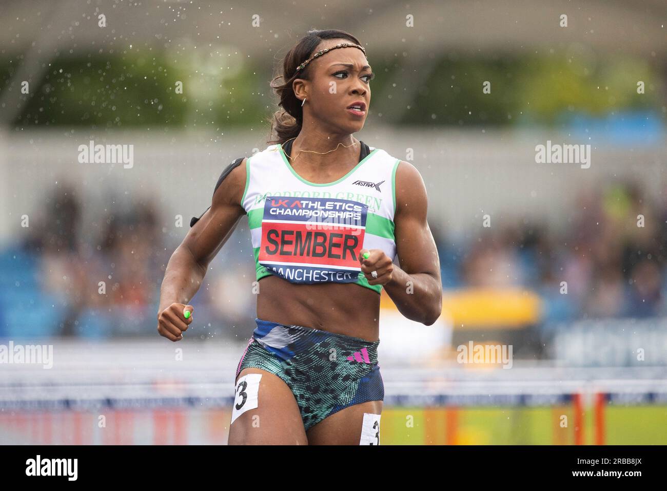 Cindy Sember wins her heat of the 100m hurdles during the UK Athletics ...