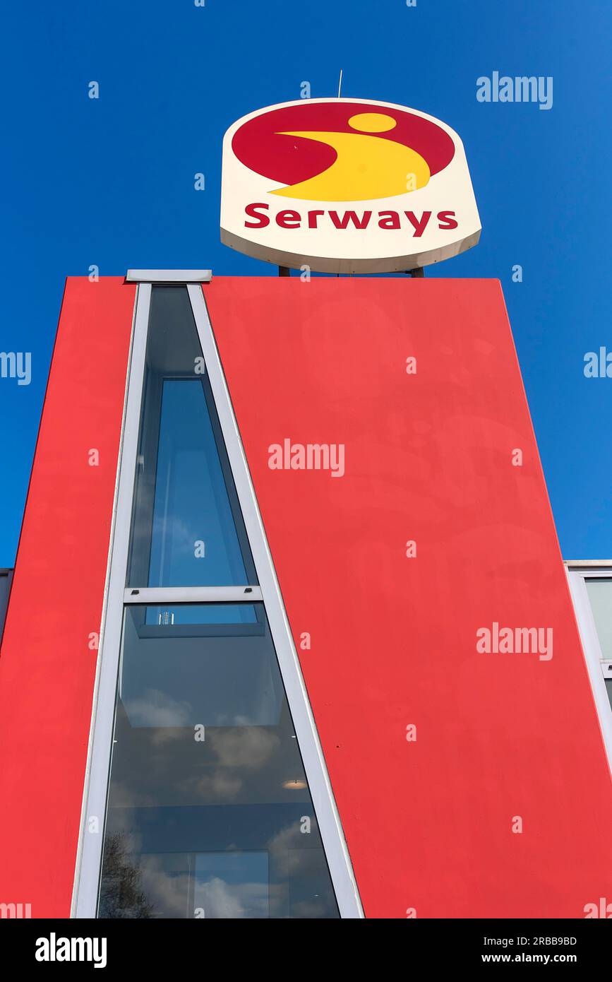 Service area company logo Serways, blue sky, Baden-Wuerttemberg ...