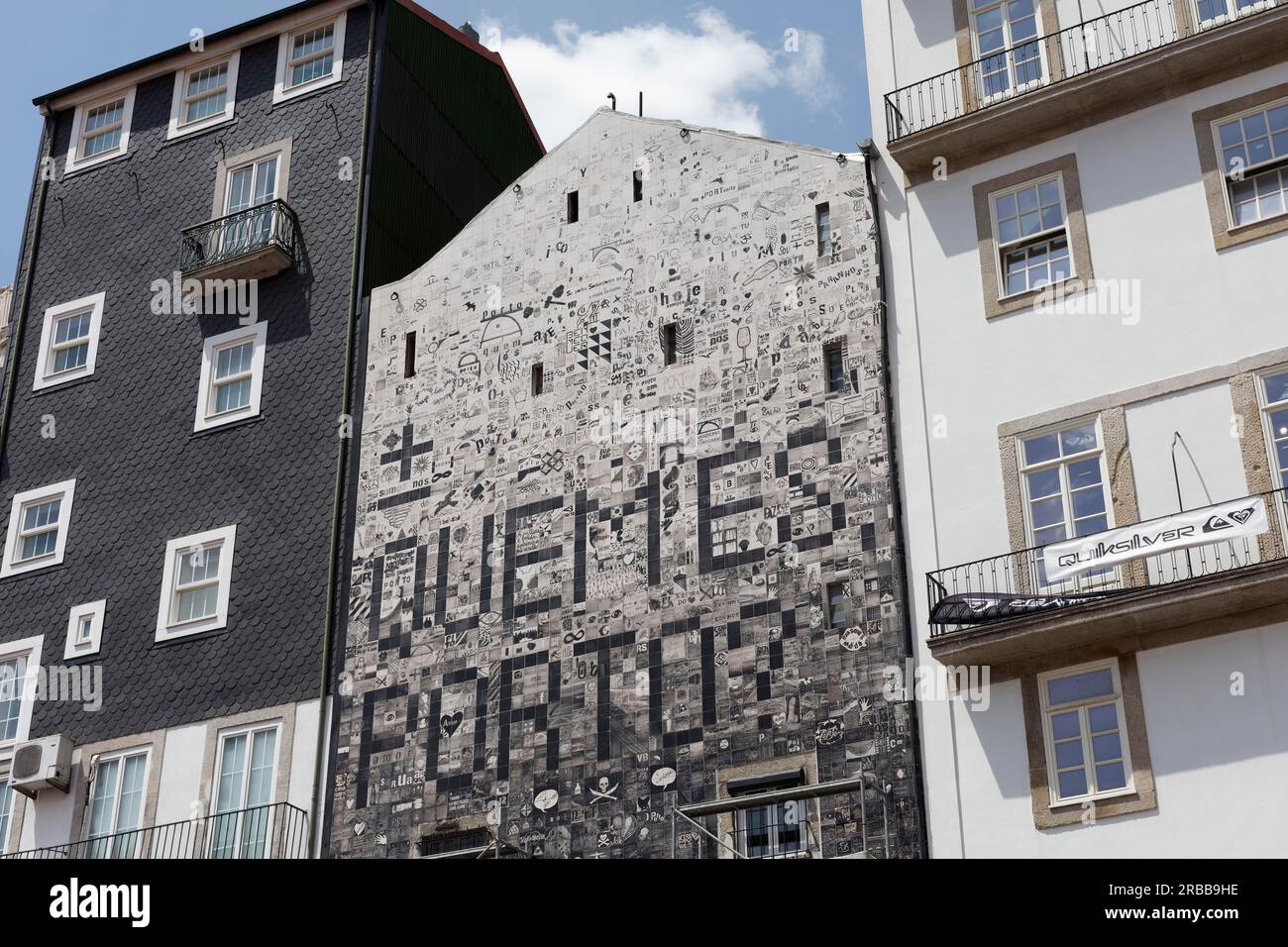 Mural with the writing Who is Porto?, entire house facade covered with ...