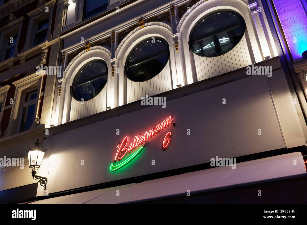 Pub with illuminated sign Ballermann 6, evening, Duesseldorf Old Town ...
