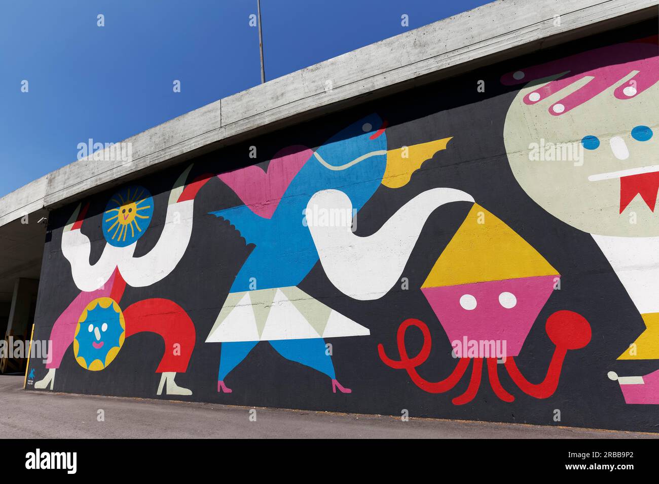 Colourful mural with fantasy figures by graffiti artist Mariana Malhao ...