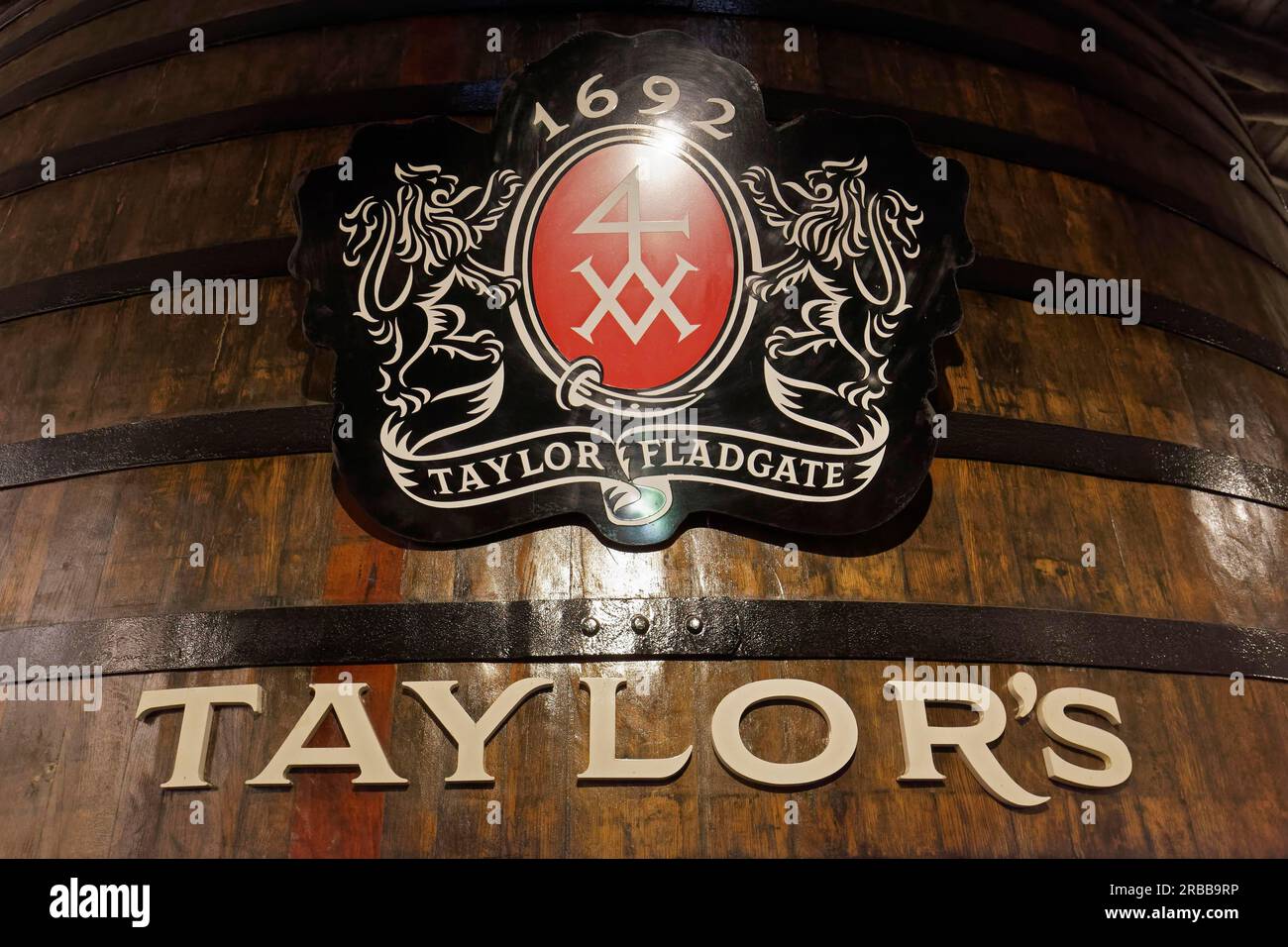 Logo of Taylor's port winery, Taylor Fladgate, on an oak barrel in the ...