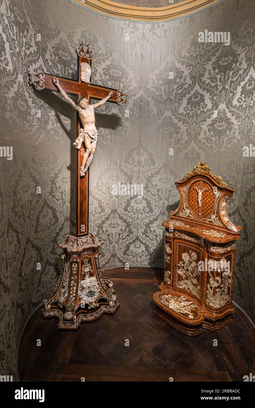 Devotional room with elaborate wooden and ivory crucifix and devotional ...