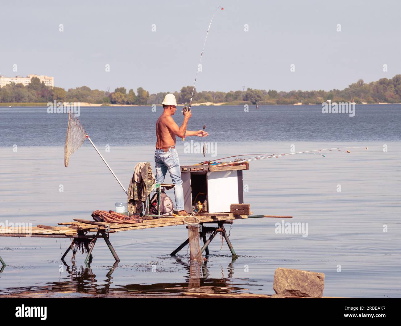Ukraine, September 10, 2020, Fisherman on the Dnieper River in Kiev ...