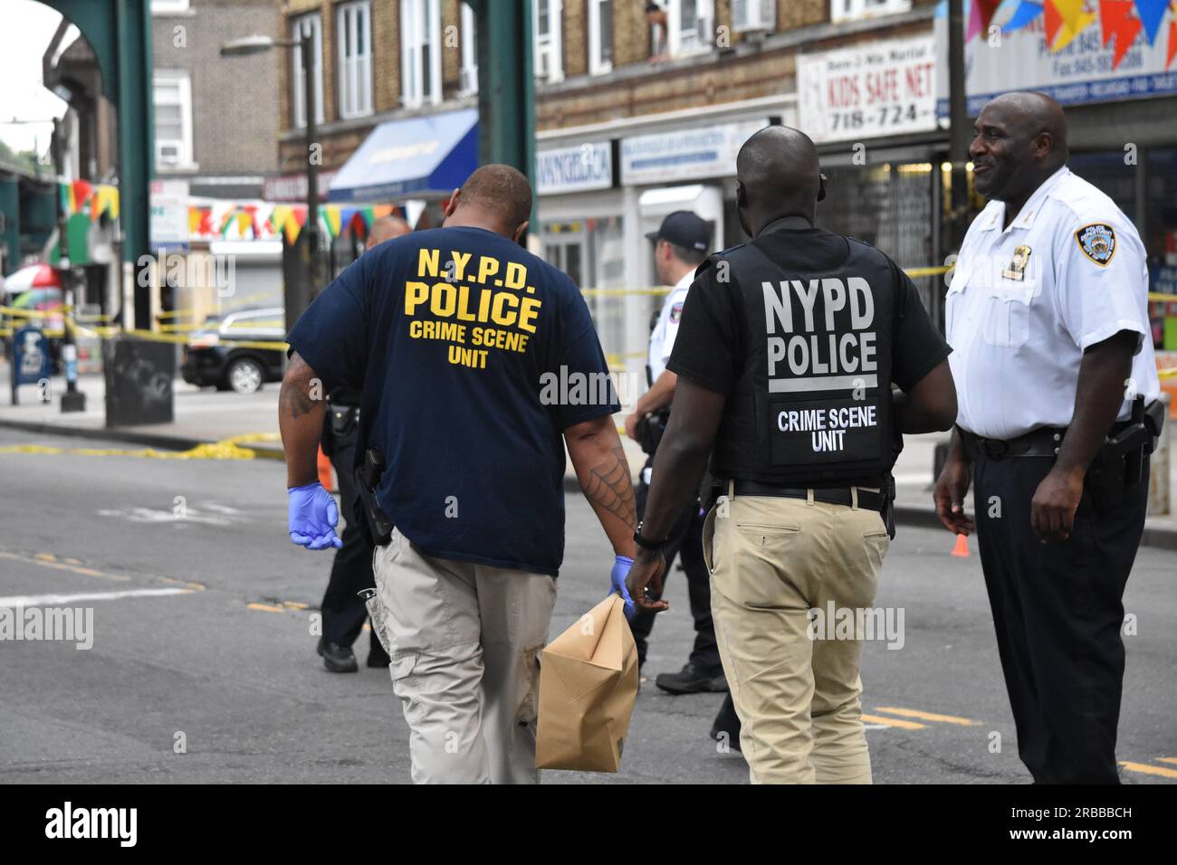 Queens, United States. 08th July, 2023. Crime scene unit investigators ...