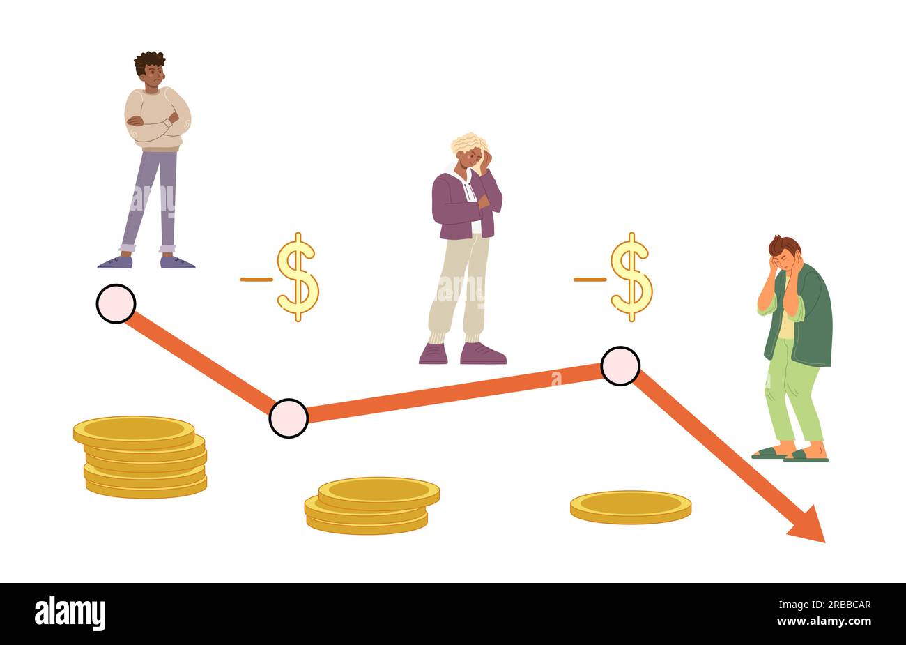 Concept of money problems with arrow down. Sad man is losing money ...