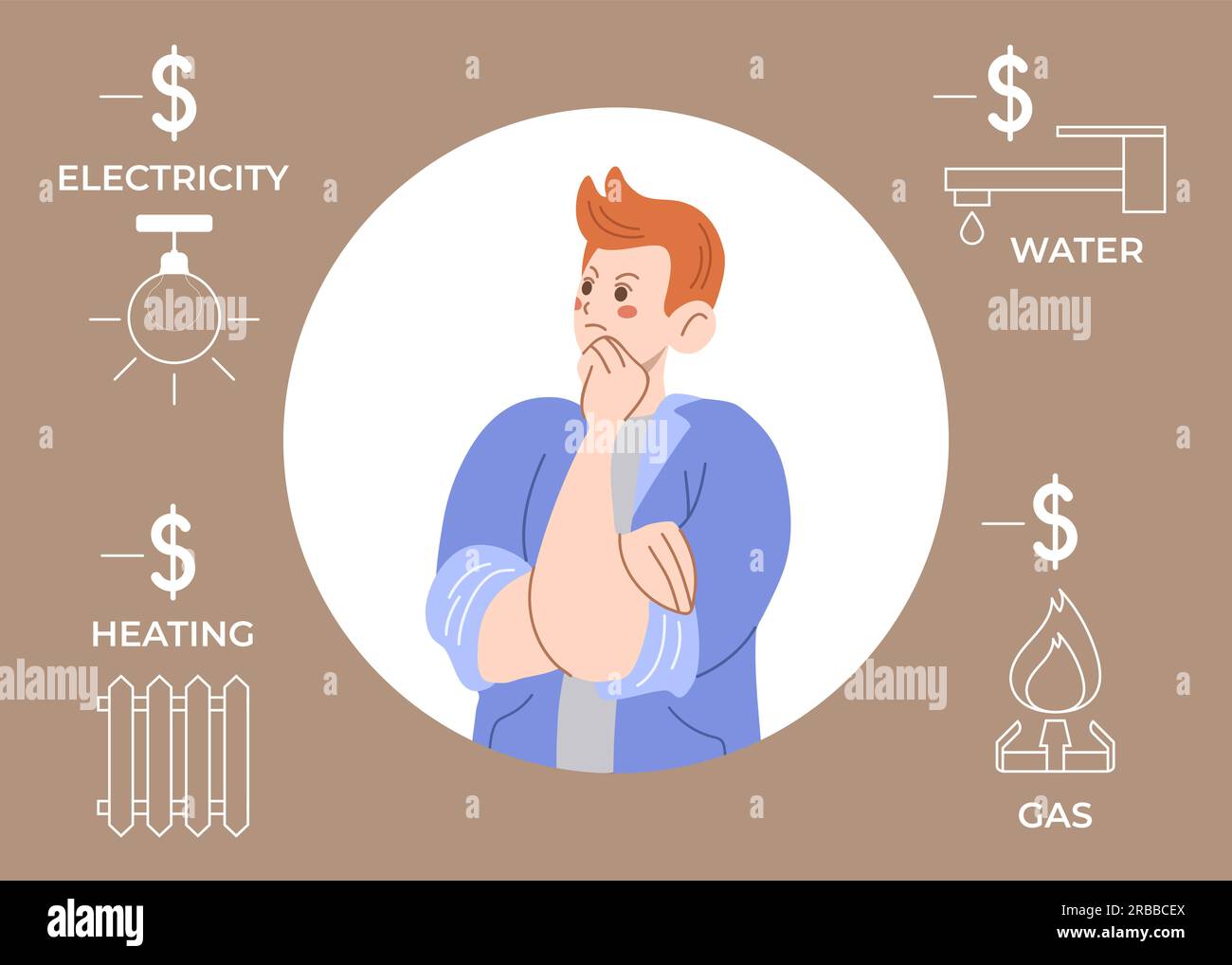 Man thinking about payment of utility service. Male character with ...