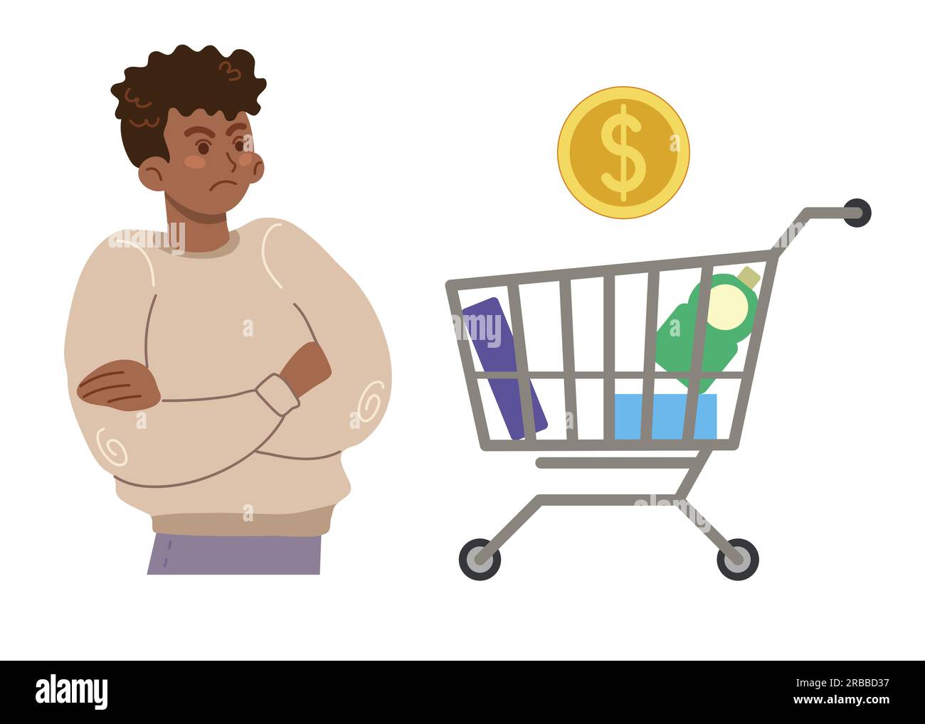 Angry man with cart. Expensive food, goods. Money trouble concept ...