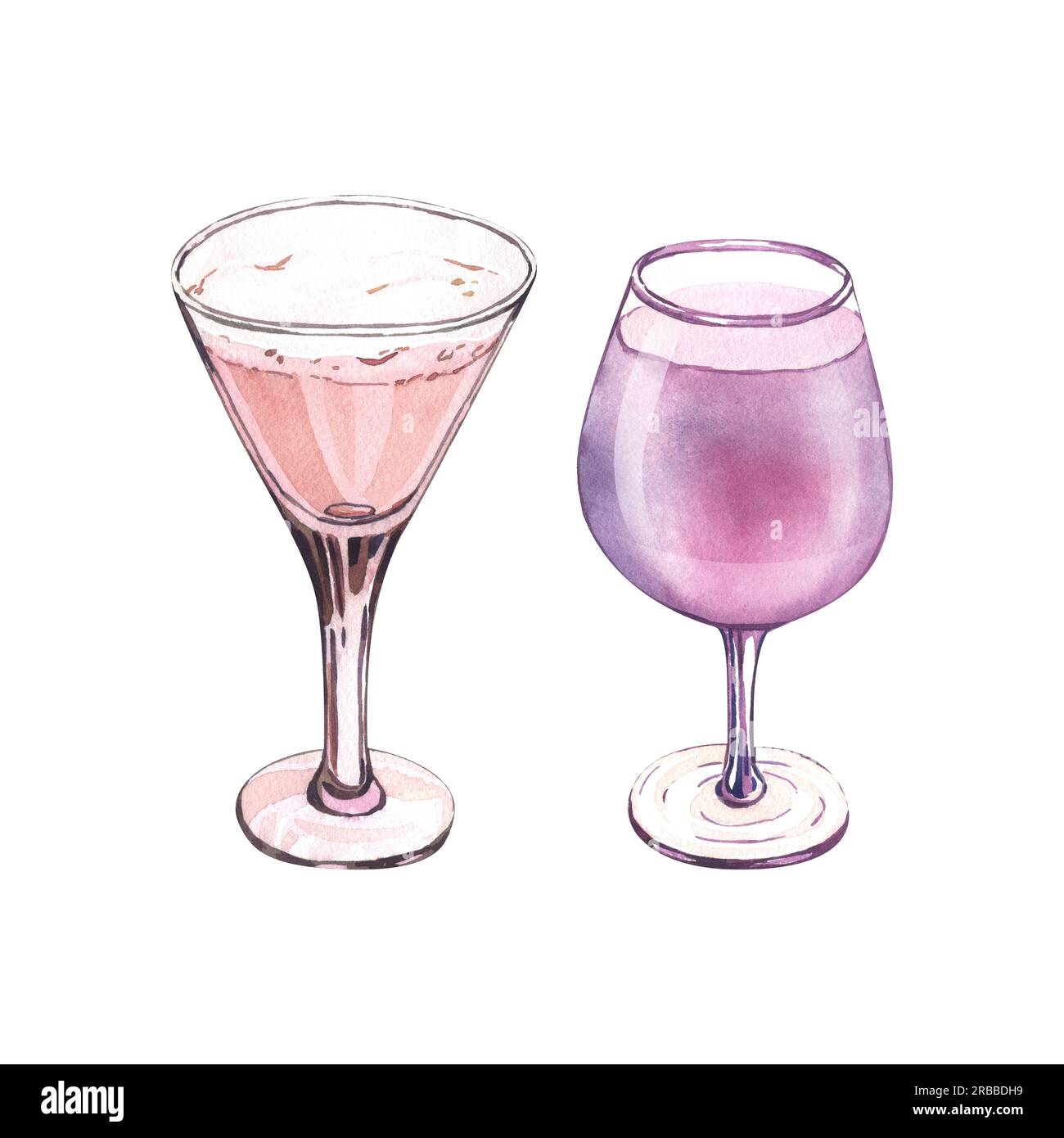 Watercolor cocktail lavender and pink cocktail in glass. Hand-drawn ...