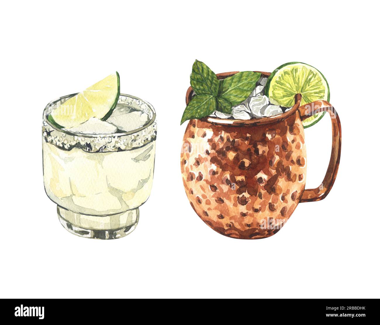 Watercolor moscow mule cocktail, lime margarita with lime and mint leaves. Hand-drawn ...