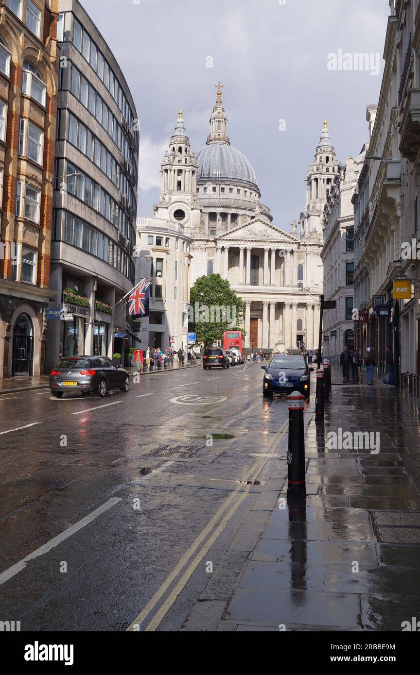 London, UK: a view of Ludgate Hill and St Paul's Cathedral in the City of London, after a ...