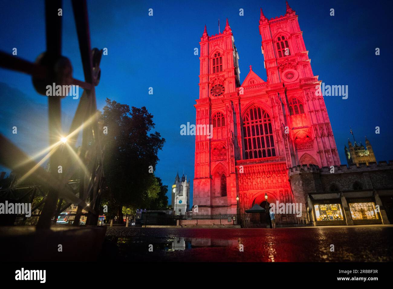 Westminster Abbey in central London, is lit up red for the 25th ...