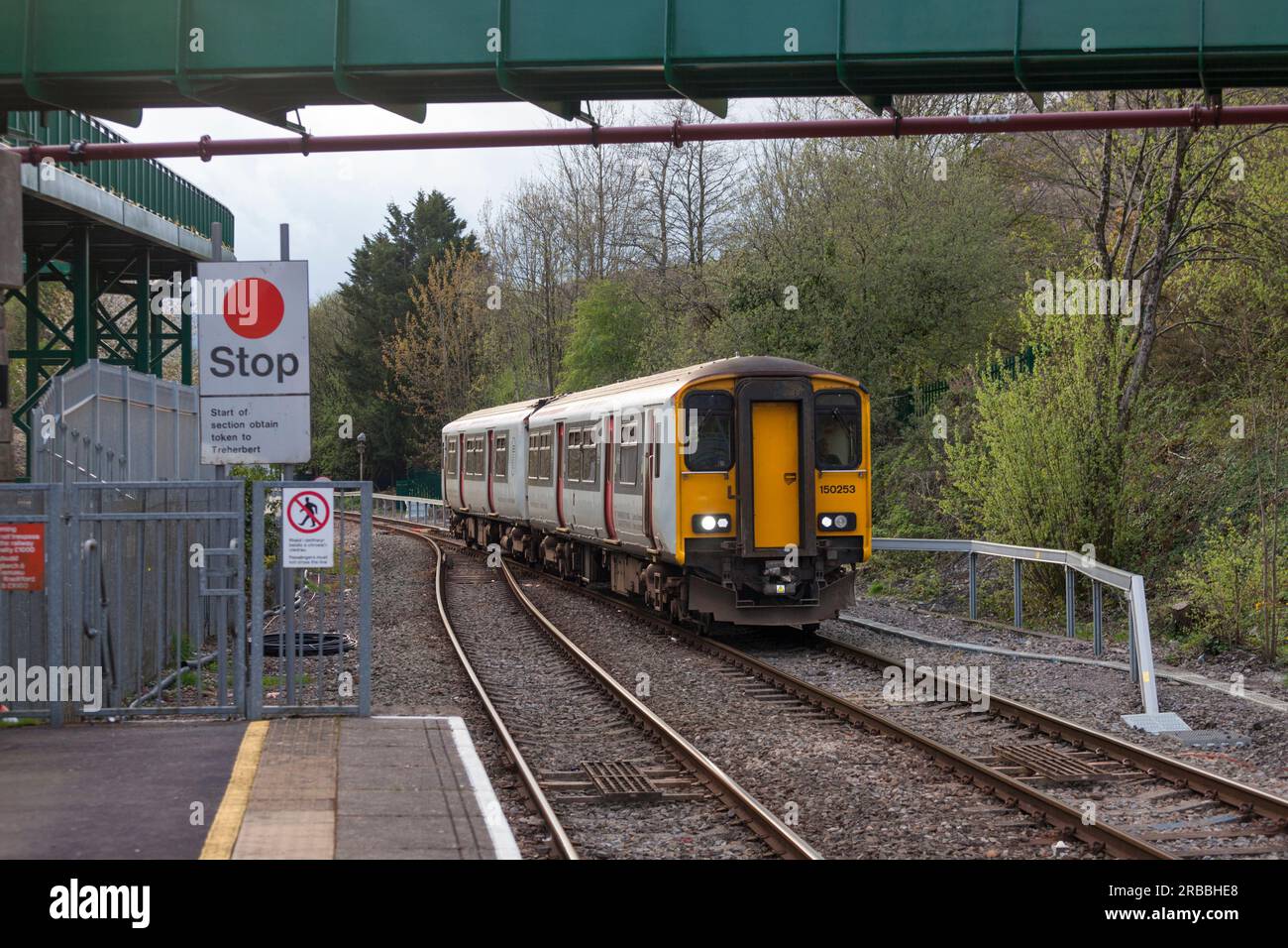 Transport For Wales class 150 sprinter train arriving at the passing loop at Ystrad Rhondda ...