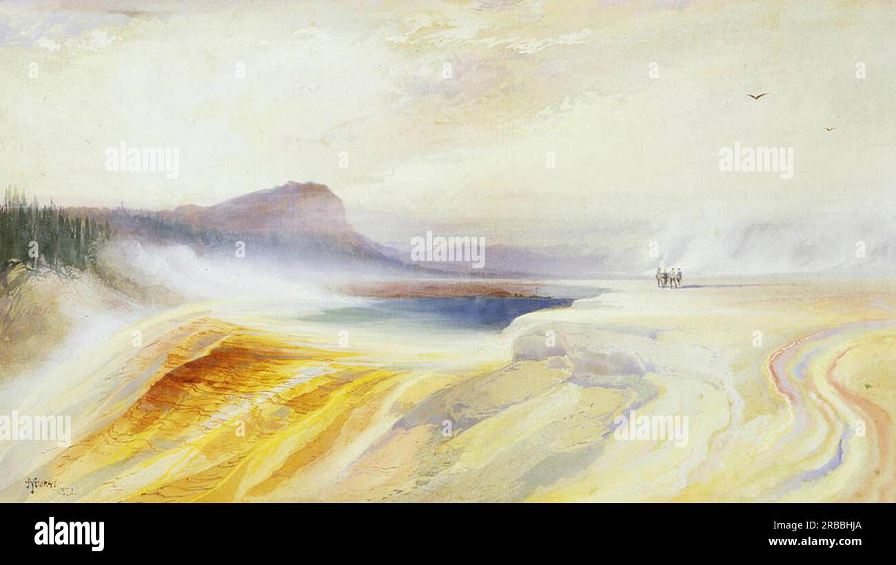 Great Blue Spring of the Lower Geyser Basin by Thomas Moran Stock Photo ...