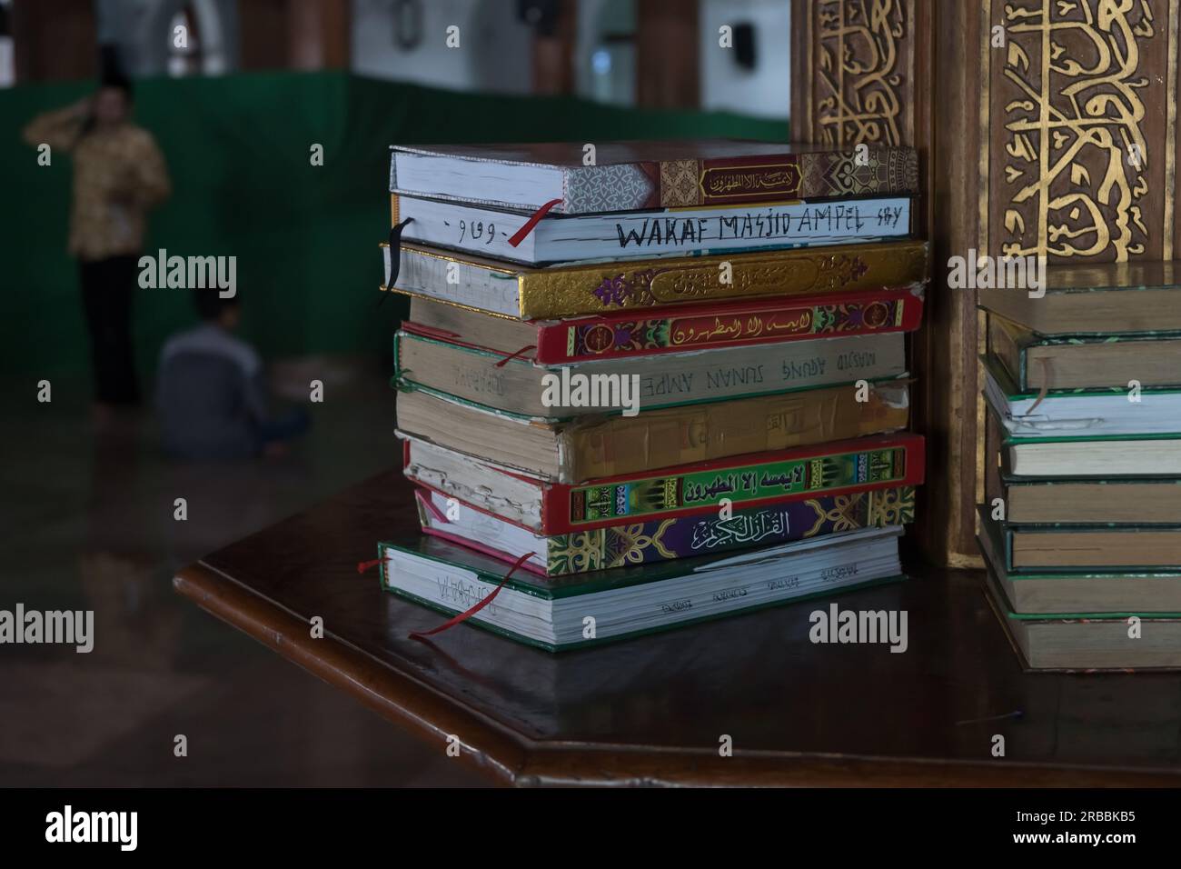 July 8, 2023. Stacks of Al Qur'an on wooden shelf in Mesjid Sunan Ample ...