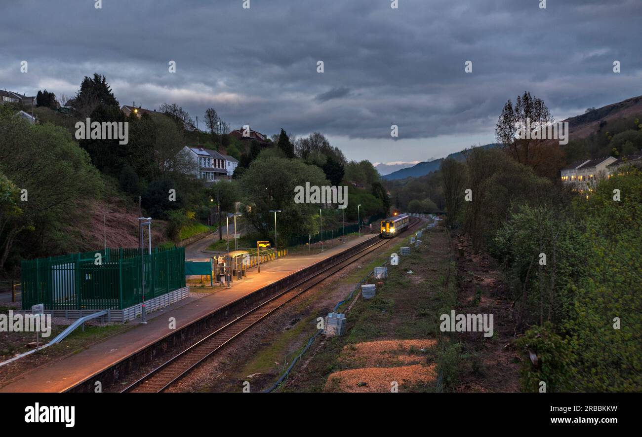 Transport For Wales class 150 sprinter train calling at Dinas Rhondda ...