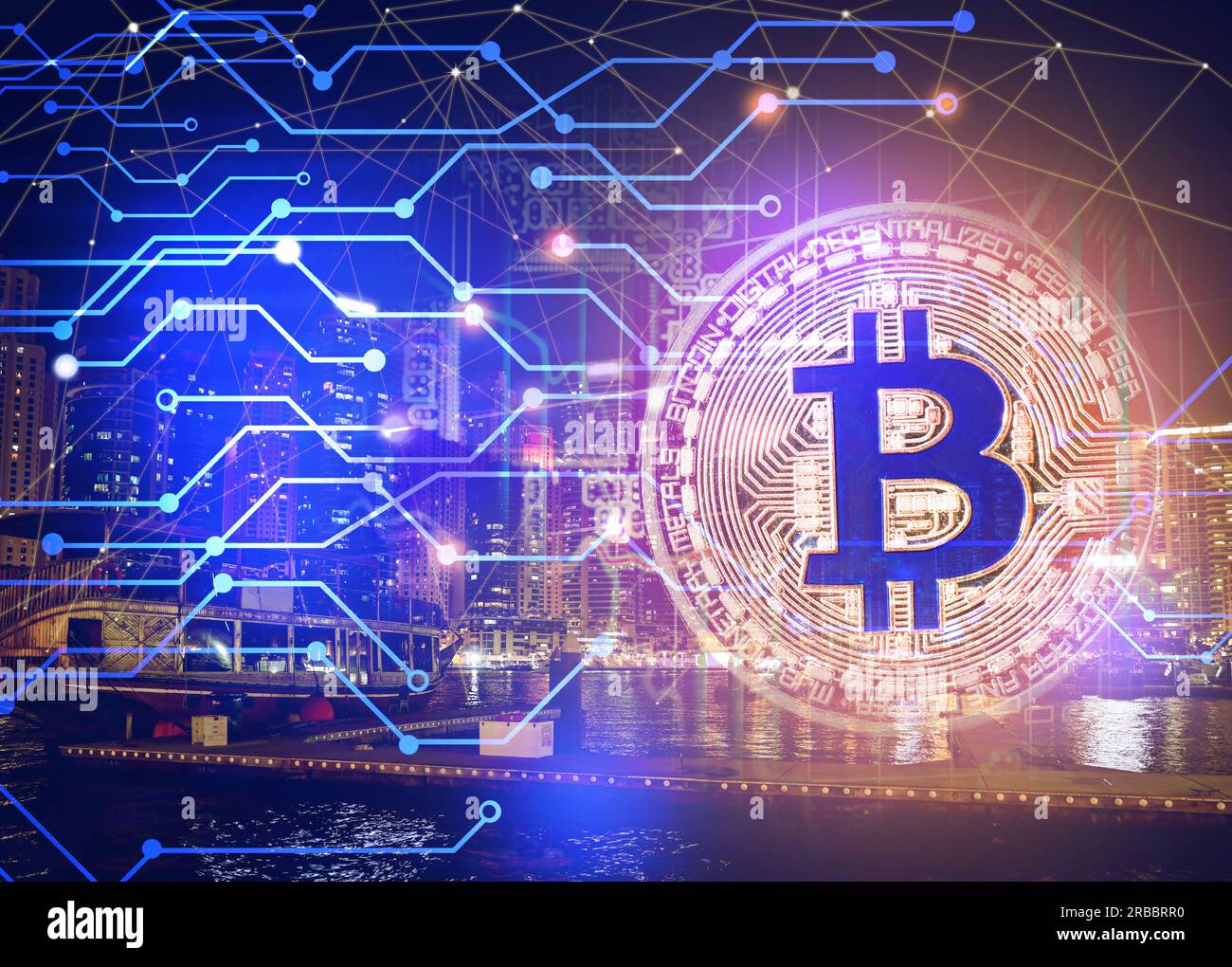 Multiple exposure of bitcoin, schemes and night cityscape Stock Photo ...