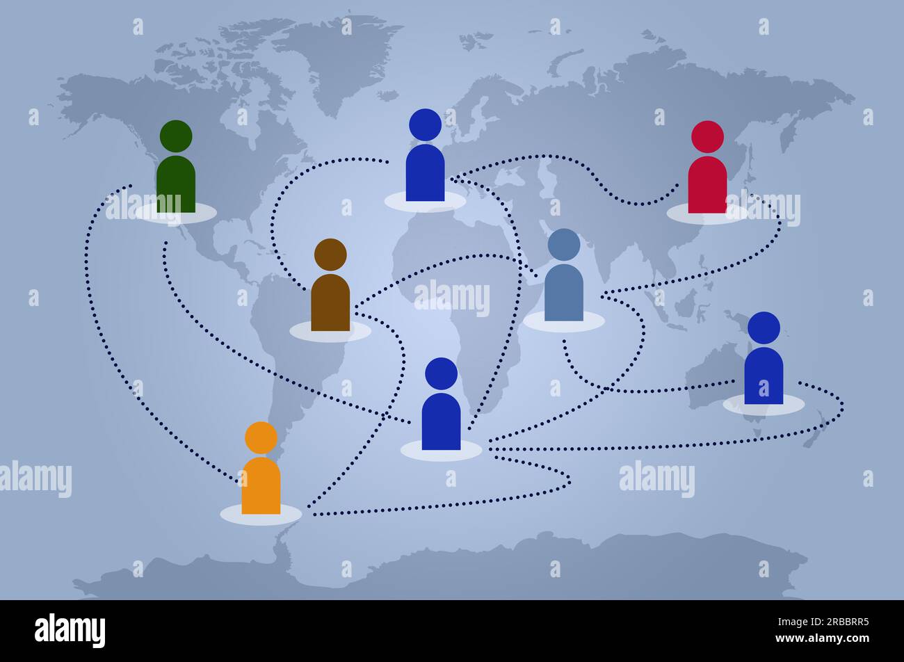 World map with scheme of human figures linked together as network on ...