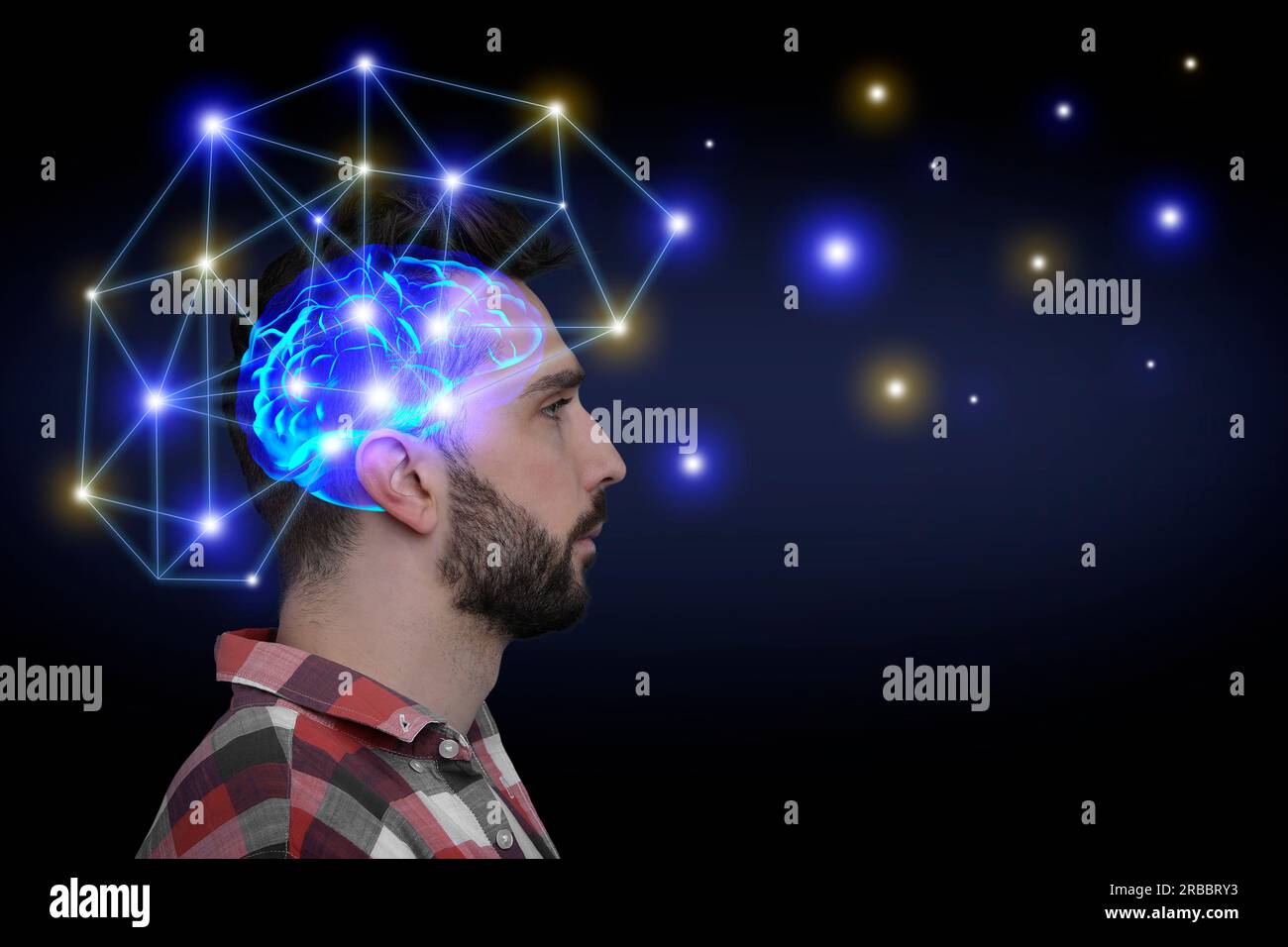 Man with illustration of brain on dark background, pace for text Stock ...