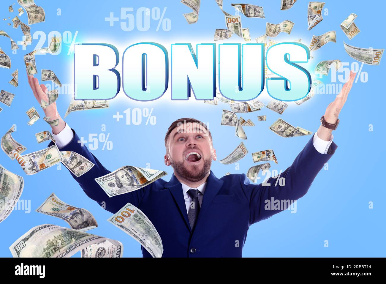 Happy man under falling dollar banknotes on light blue background ...