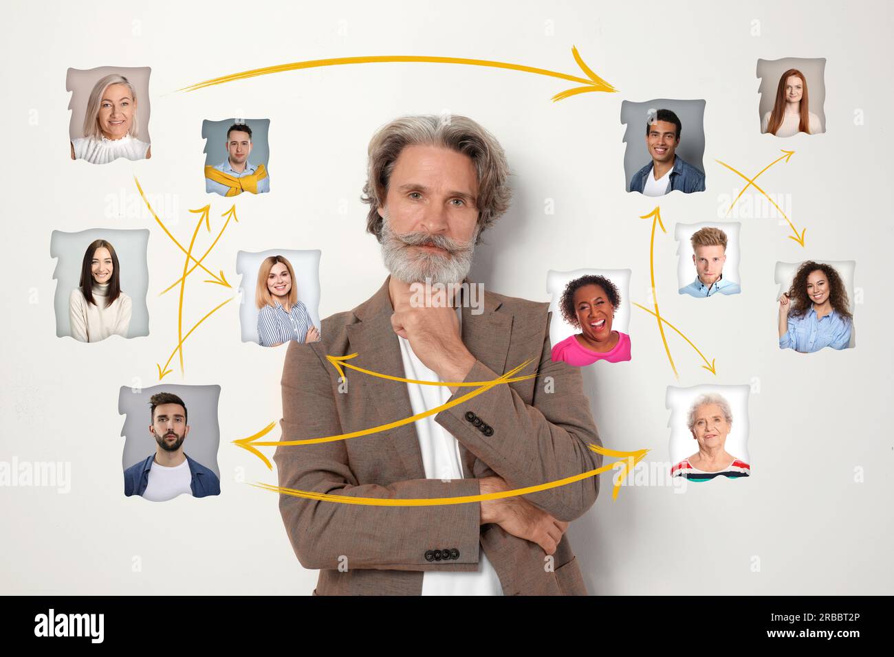 Man surrounded by scheme of avatars linked together as network on white ...