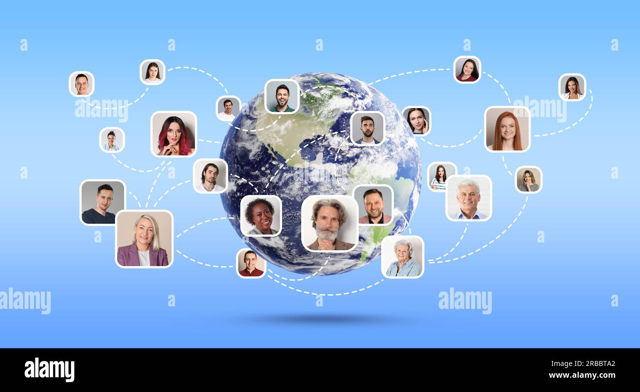 Scheme with avatars linked together as network and globe on light blue ...