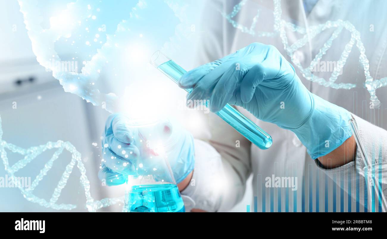 Genetics. Double exposure with photo of scientist and illustrations ...