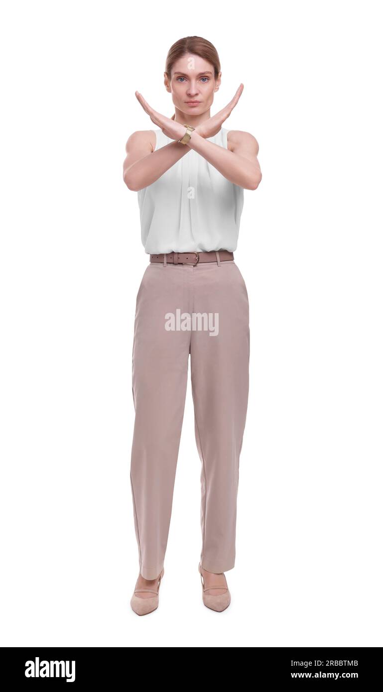 Full length portrait of beautiful businesswoman rejecting on white ...