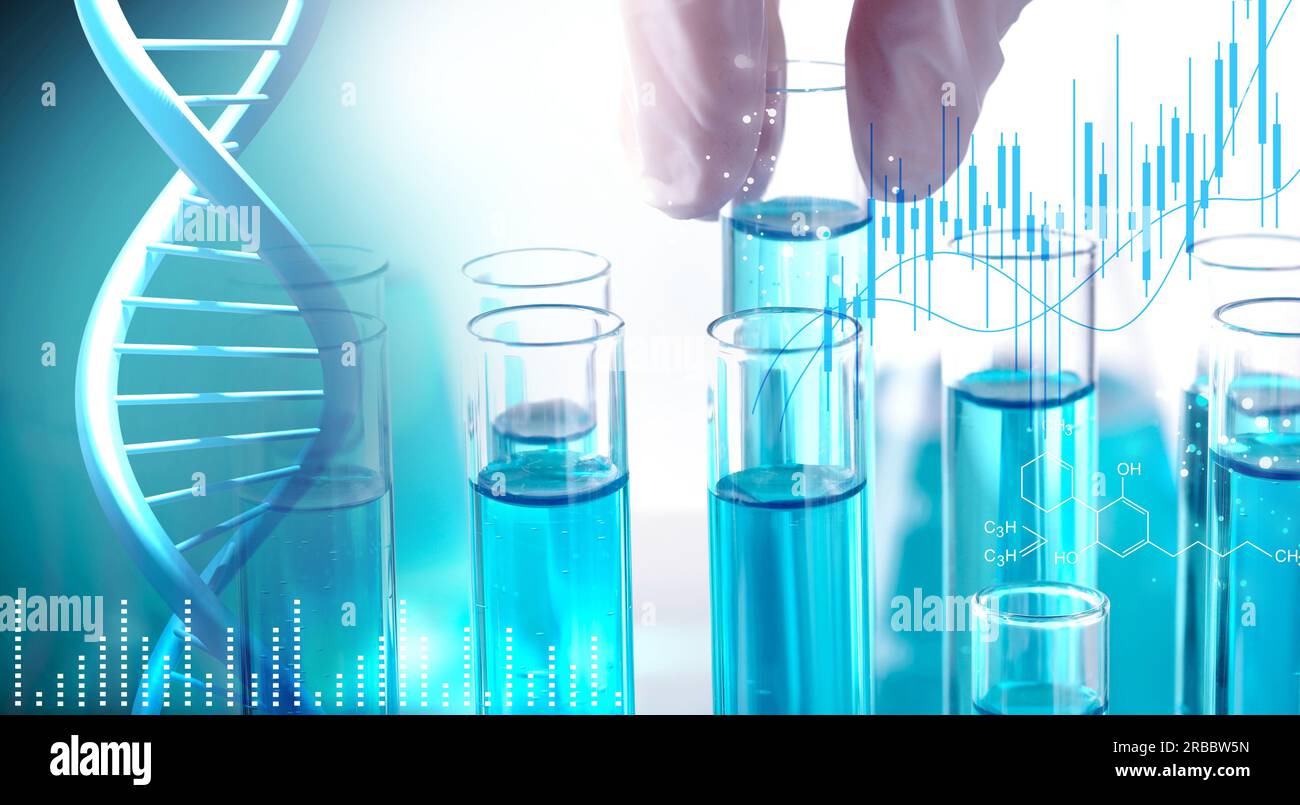 Genetics. Double exposure with photo of scientist and illustrations ...