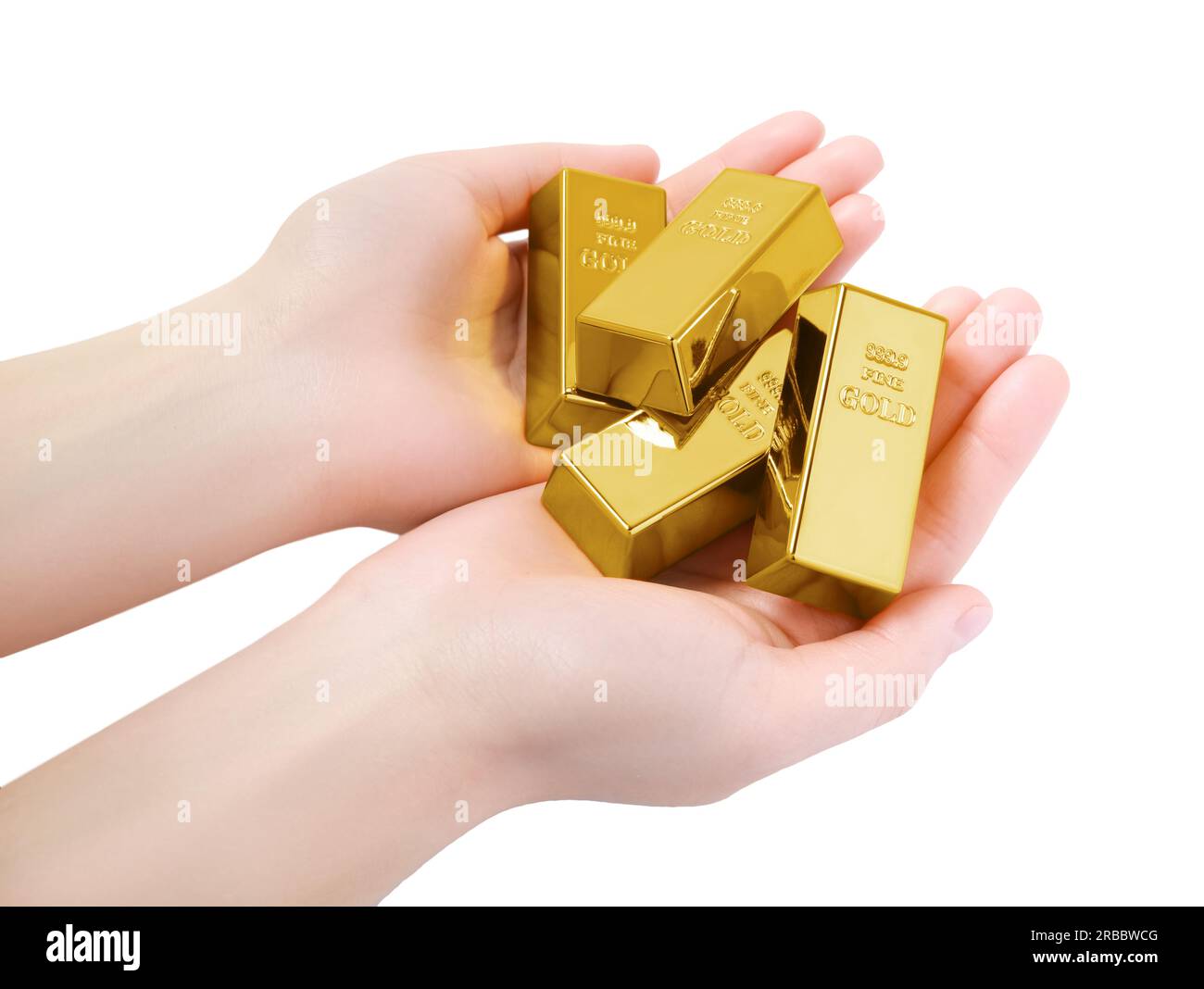Woman holding shiny gold bars on white background, closeup Stock Photo - Alamy