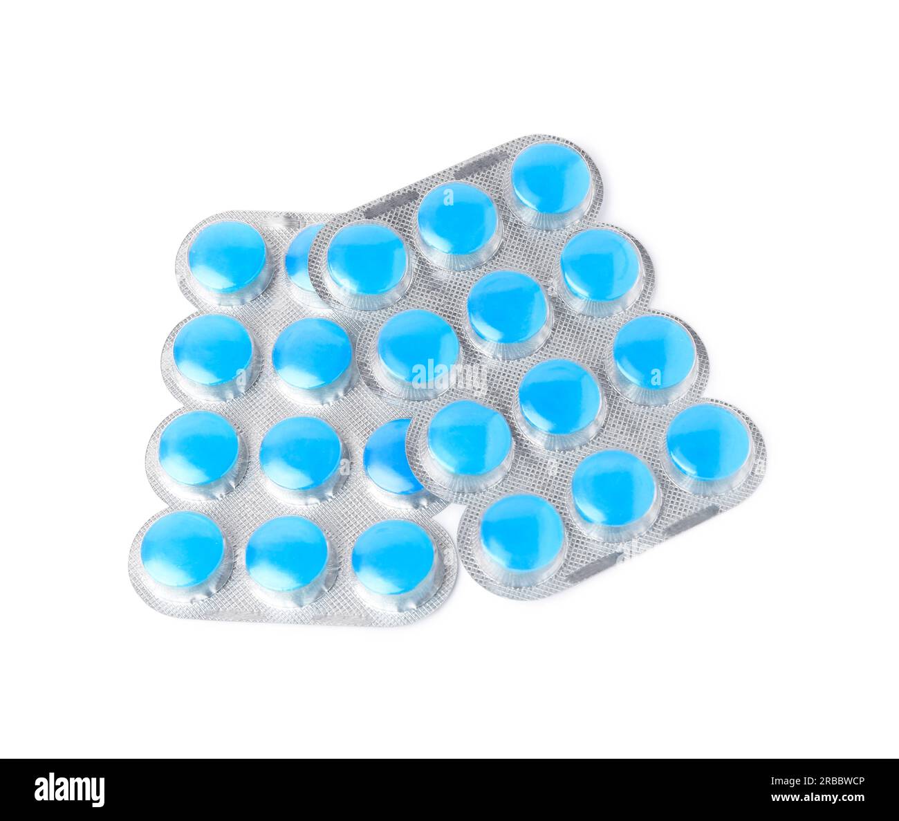 Blisters with light blue cough drops isolated on white, above view ...