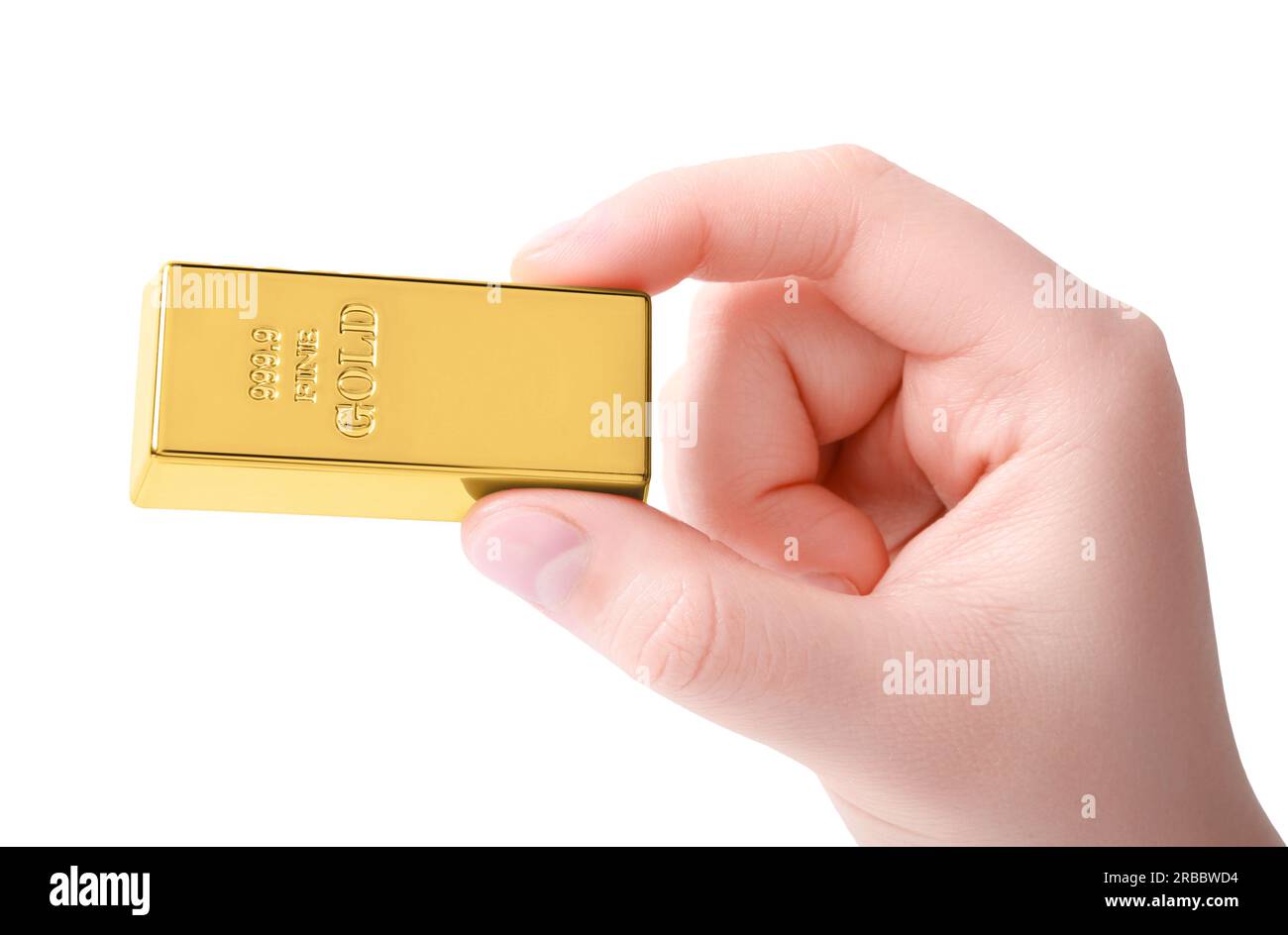 Woman holding shiny gold bar on white background, closeup Stock Photo - Alamy