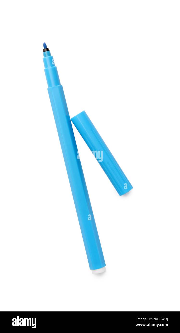 One light blue marker isolated on white, top view Stock Photo - Alamy