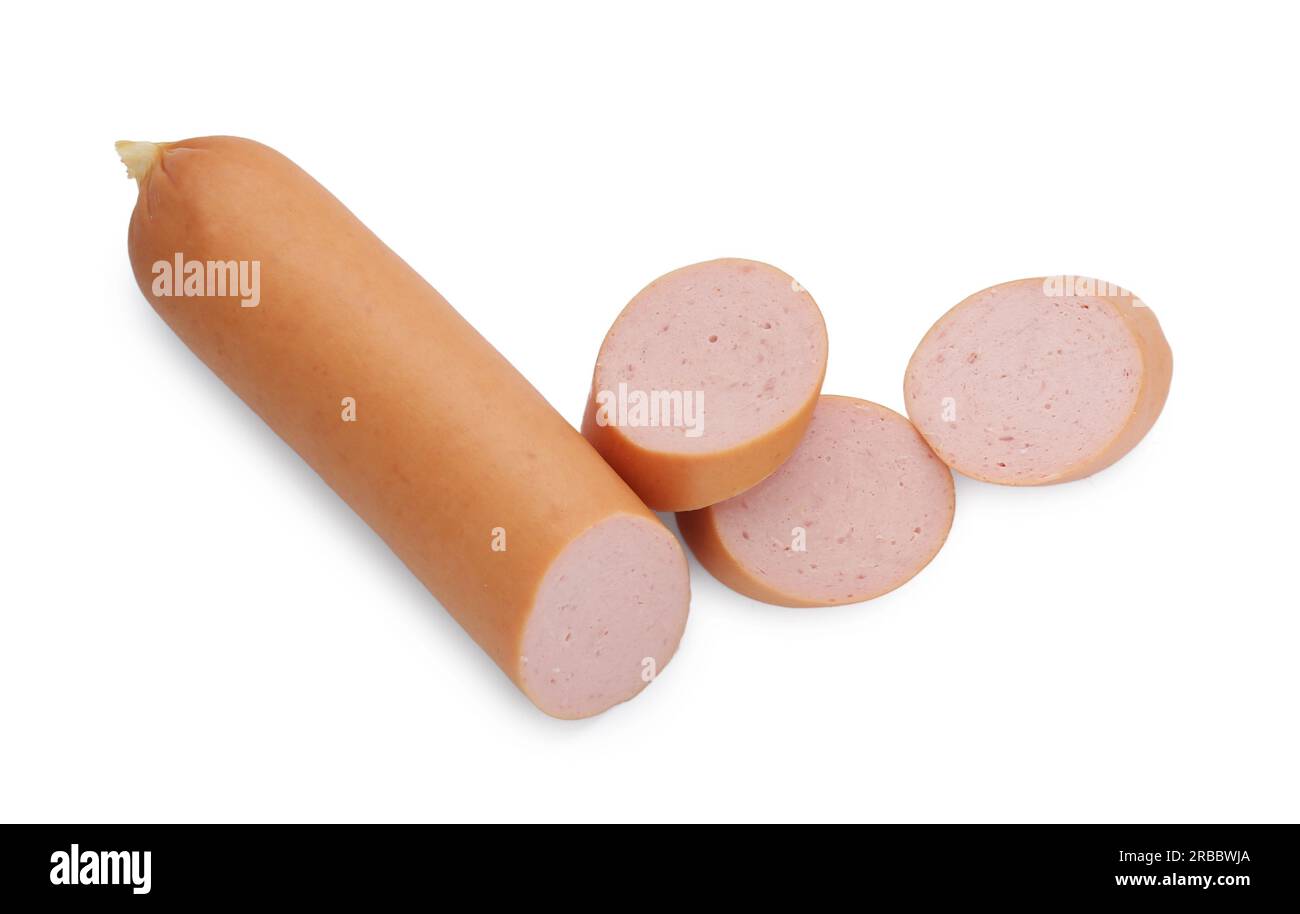 Cut fresh sausage on white background, top view. Meat product Stock ...