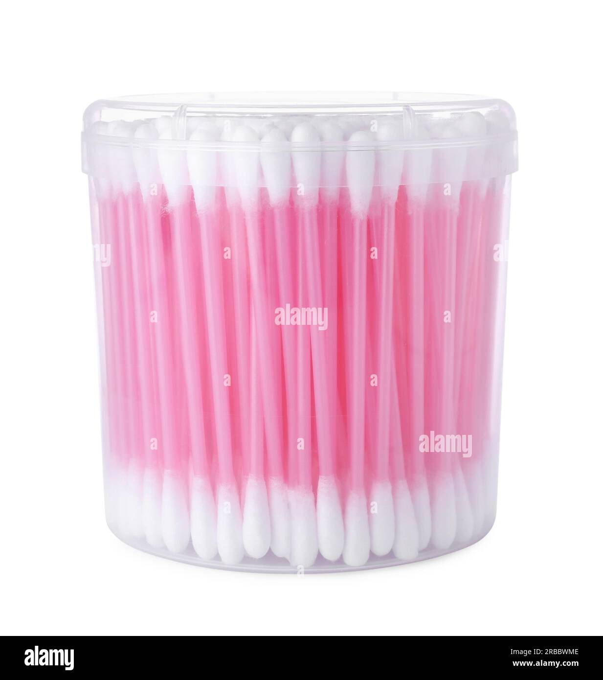 Cotton buds in plastic container isolated on white Stock Photo - Alamy