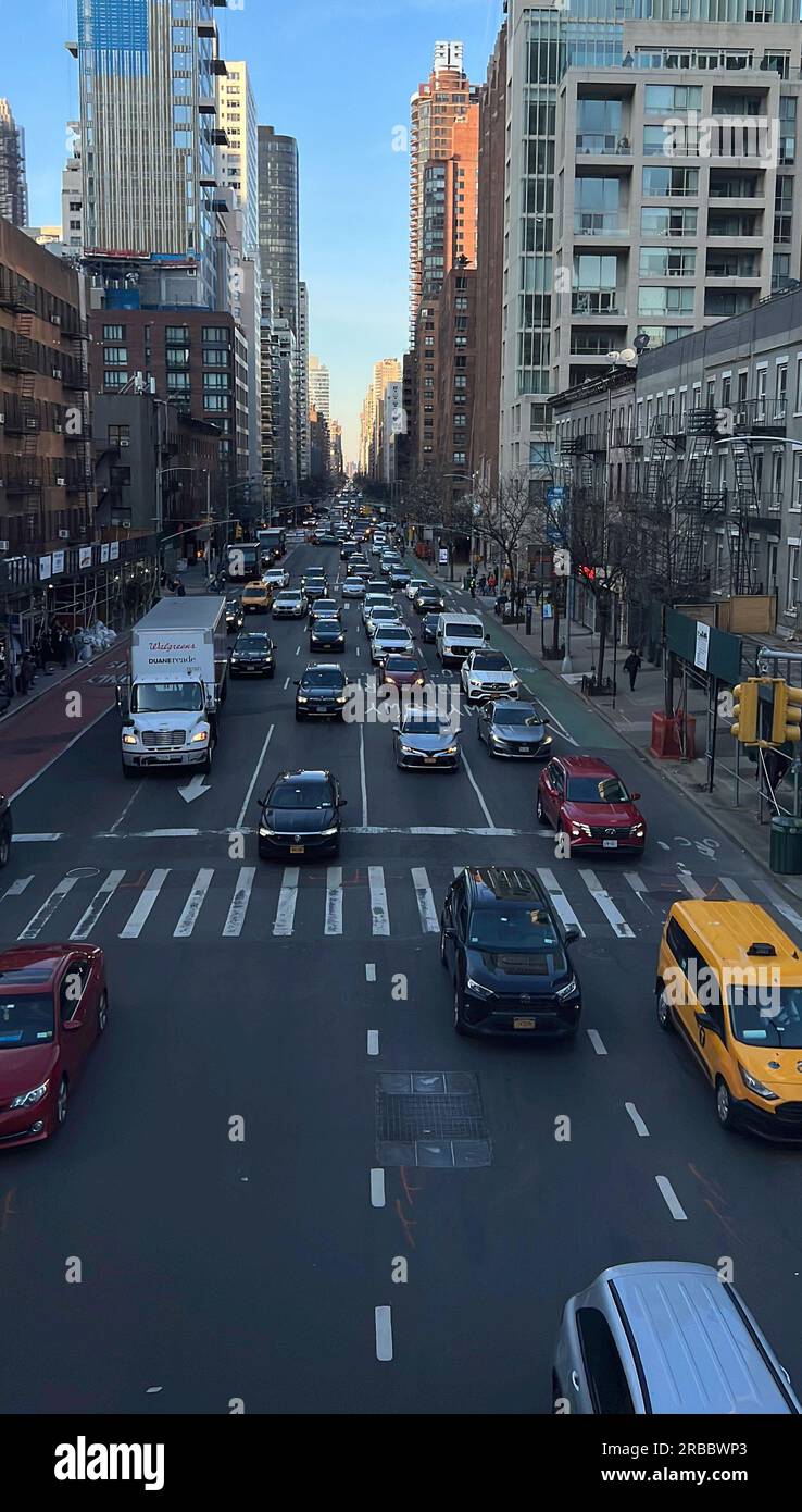 Aerial view of busy city streets on the east side of Manhattan Stock ...