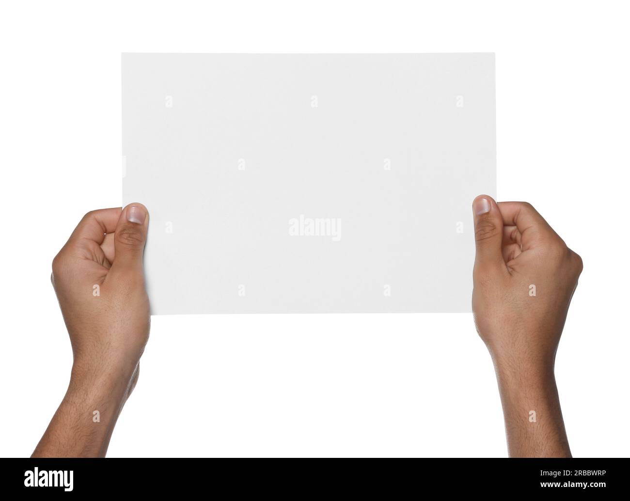 Man holding sheet of paper on white background, closeup. Mockup for ...