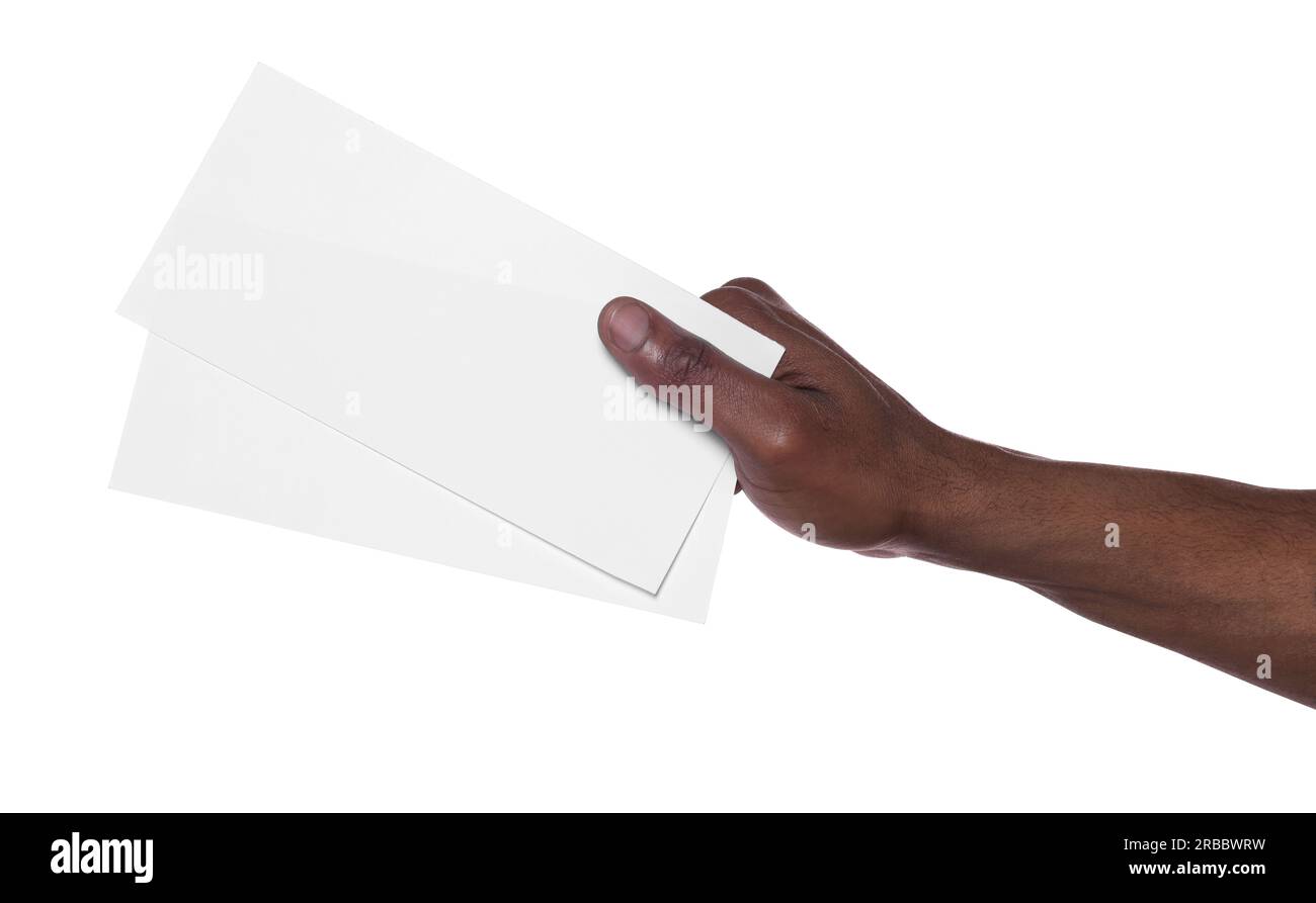 African American man holding flyers on white background, closeup ...