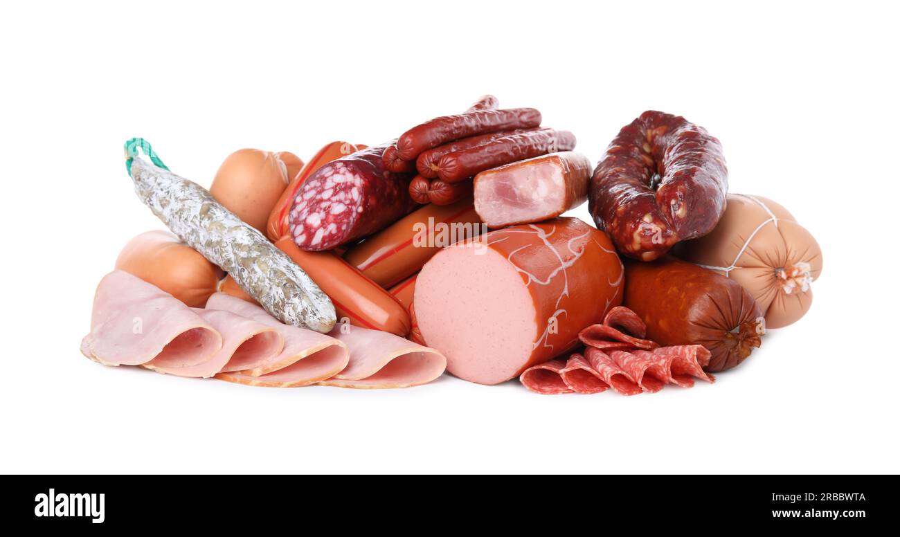 Different types of sausages isolated on white Stock Photo - Alamy
