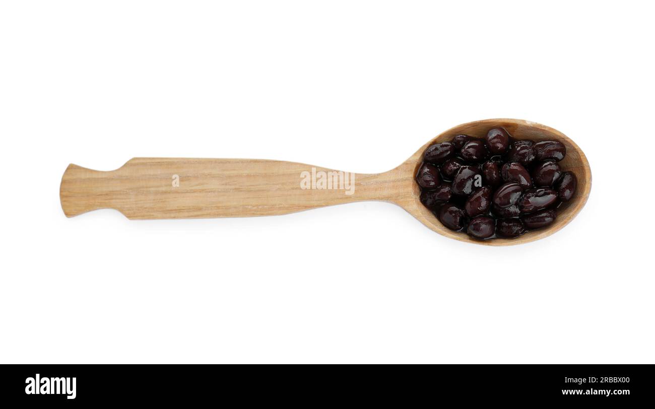 Spoon of canned kidney beans on white background, top view Stock Photo ...