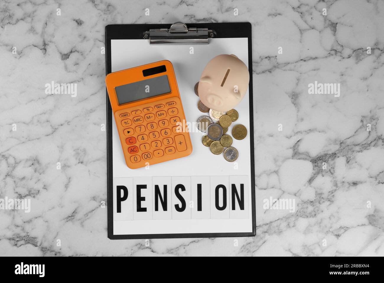 Calculator, piggy bank, coins and clipboard with word Pension on white ...