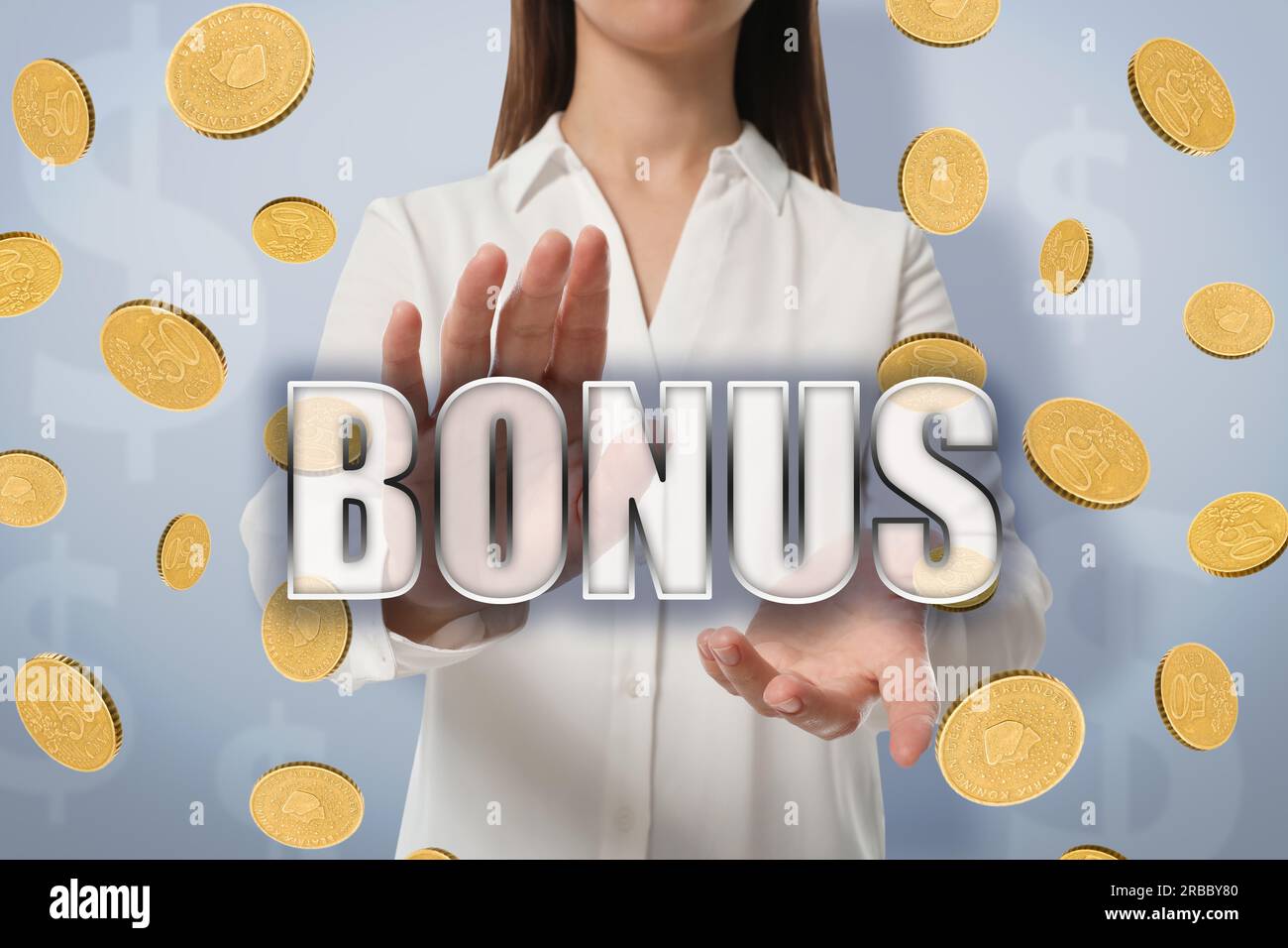Woman holding word Bonus under falling coins on grey background with ...