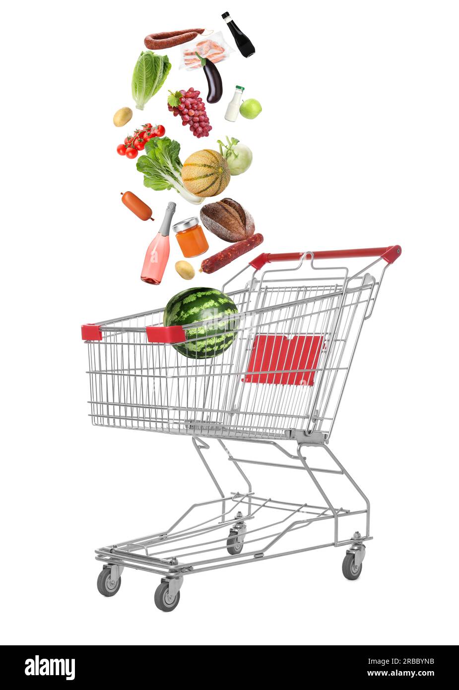 Market assortment. Different products falling into shopping cart on ...