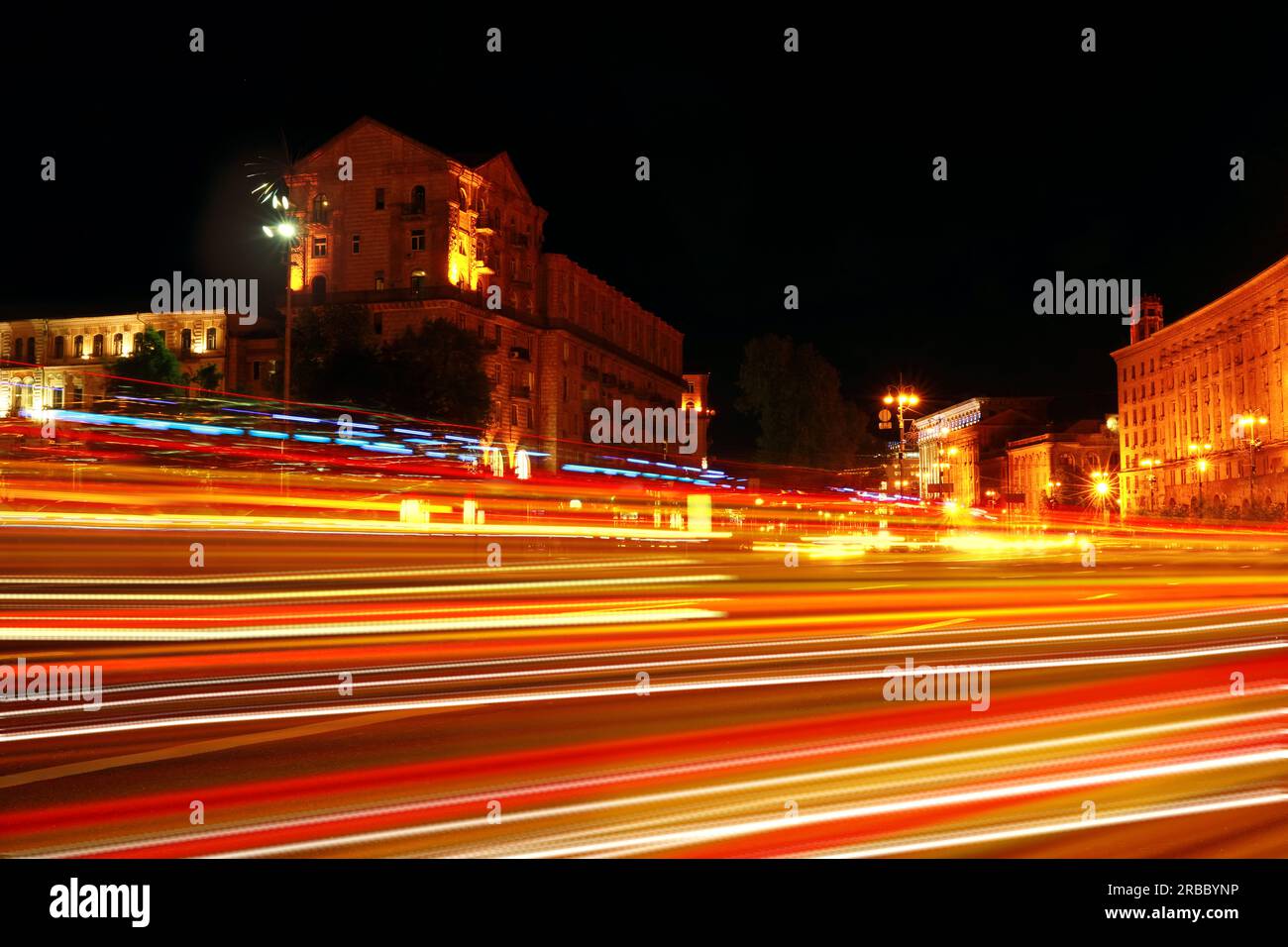 Road traffic, motion blur effect. View of night cityscape with car ...